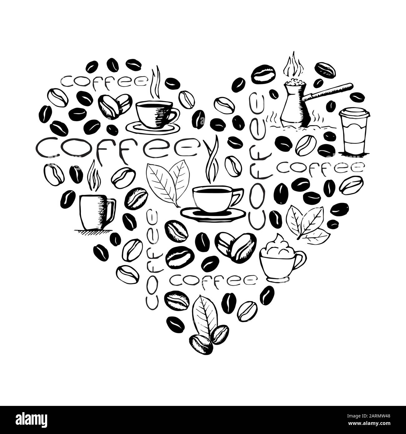Heart shape filled by hand drawn coffee doodles isolated on white ...