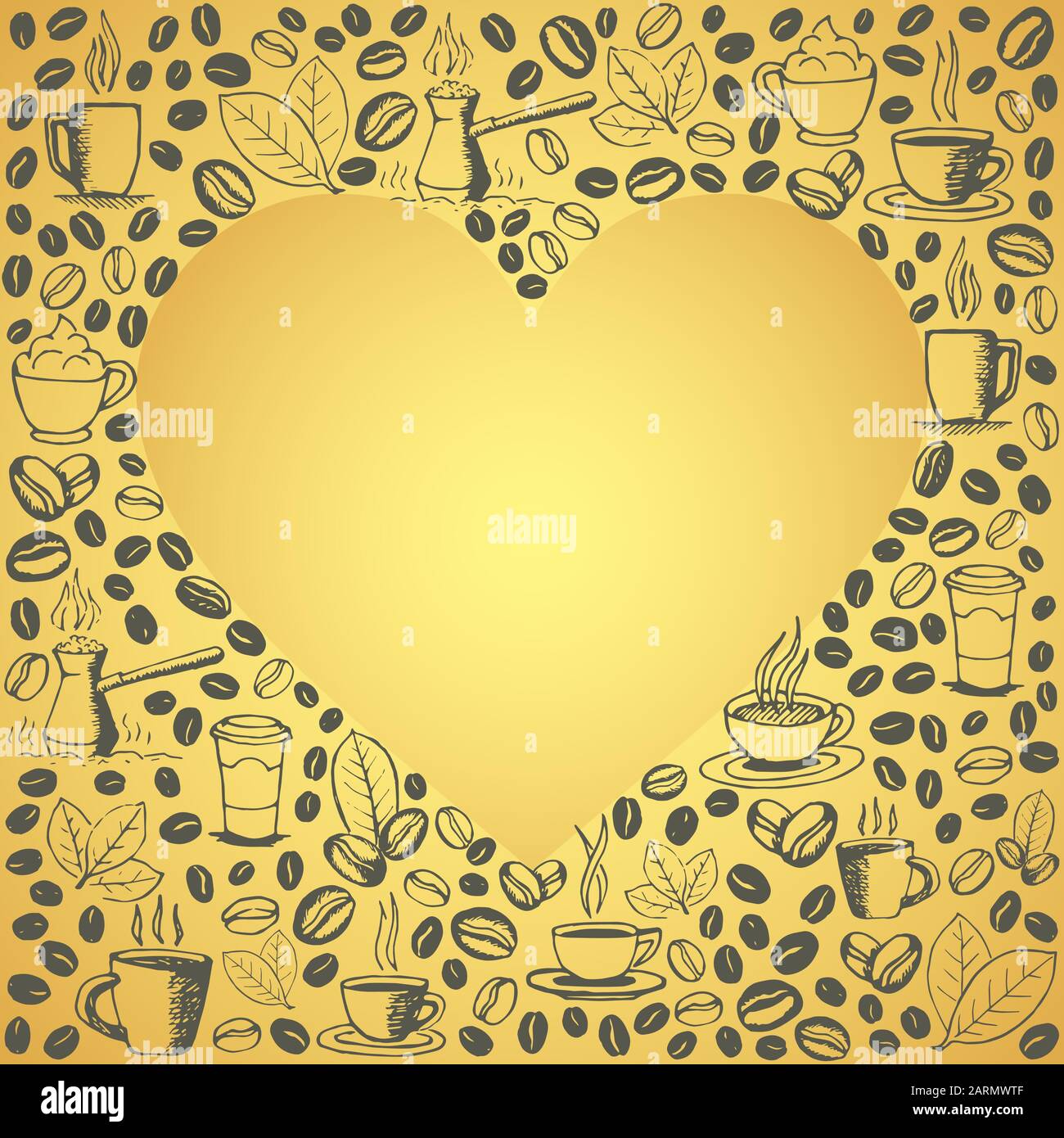 Coffee doodles background with blank heart shape inside. Hand drawn ...