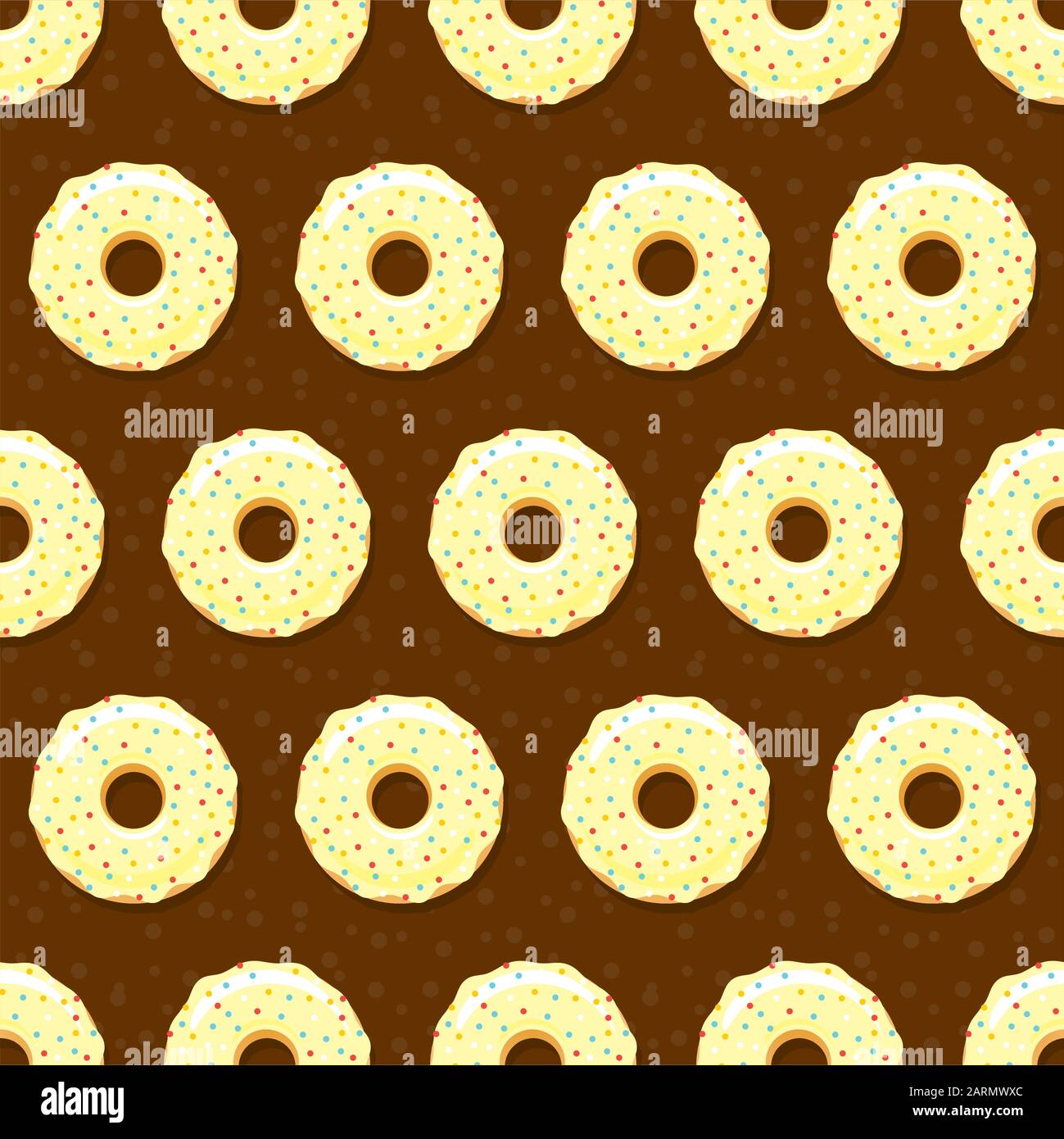 Donut seamless pattern. Sweet sugar icing donuts in the yellow glaze on ...