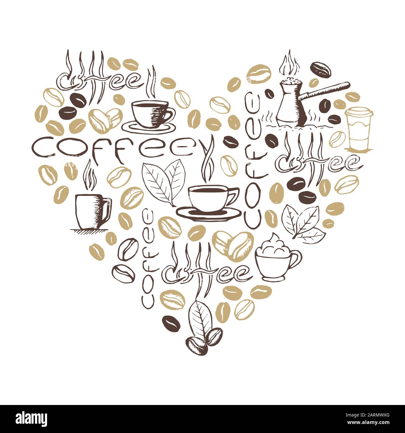 Heart shape filled by hand drawn coffee doodles isolated on white ...