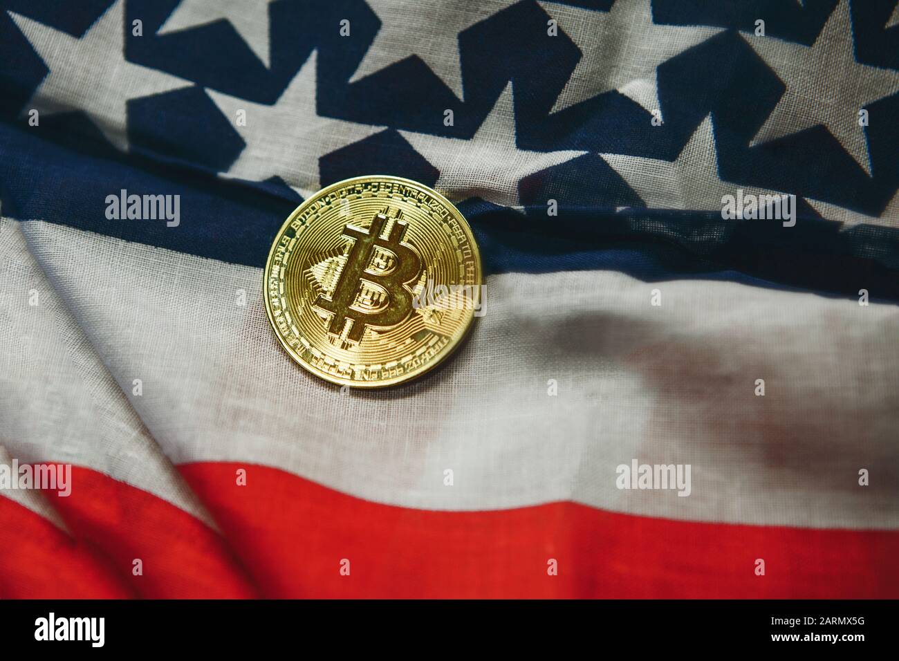 Bitcoin cryptocurrency coins next to american flag background Stock ...