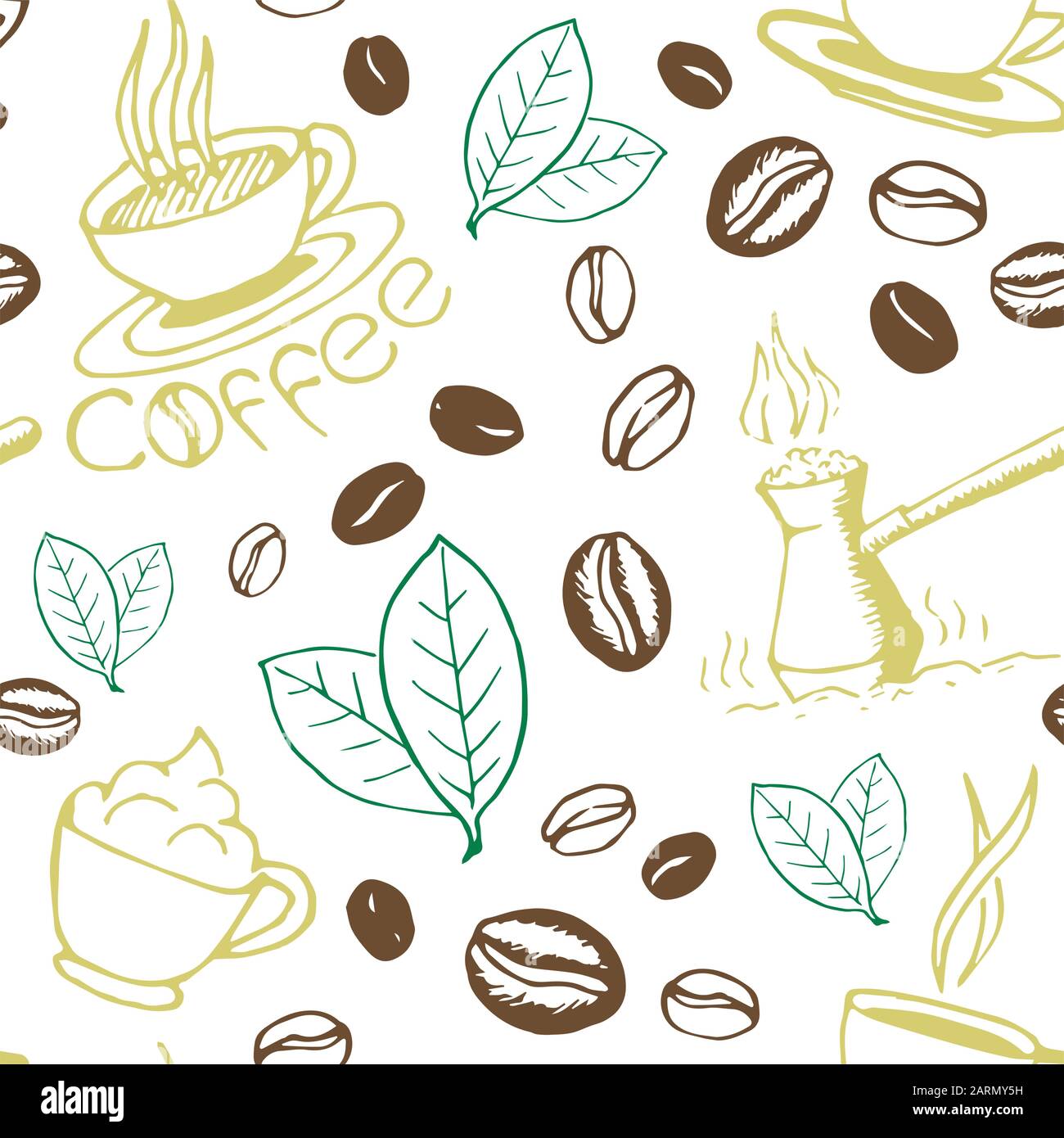 Coffee seamless pattern. Hand drawn repeating background with cups ...