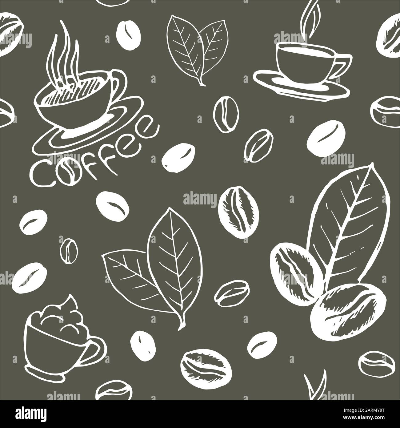 Hand drawn seamless pattern with coffee cups, beans and leaves. Sketchy ...