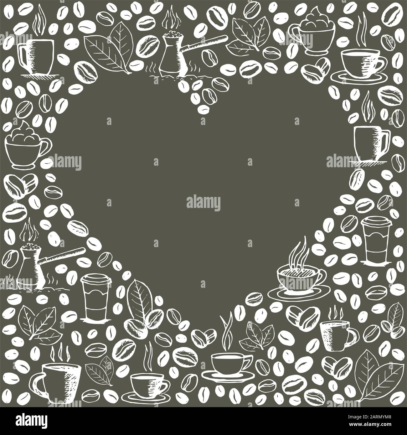 Coffee doodles background with blank heart shape inside. Hand drawn ...
