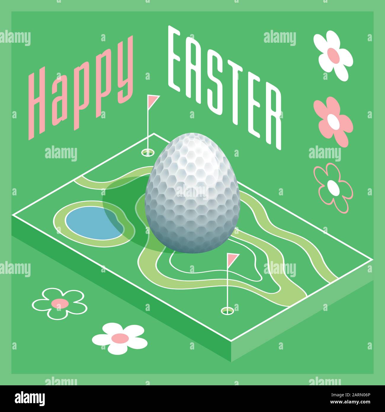 Happy Easter. Greeting card with 3D Easter egg as a golf ball and ...