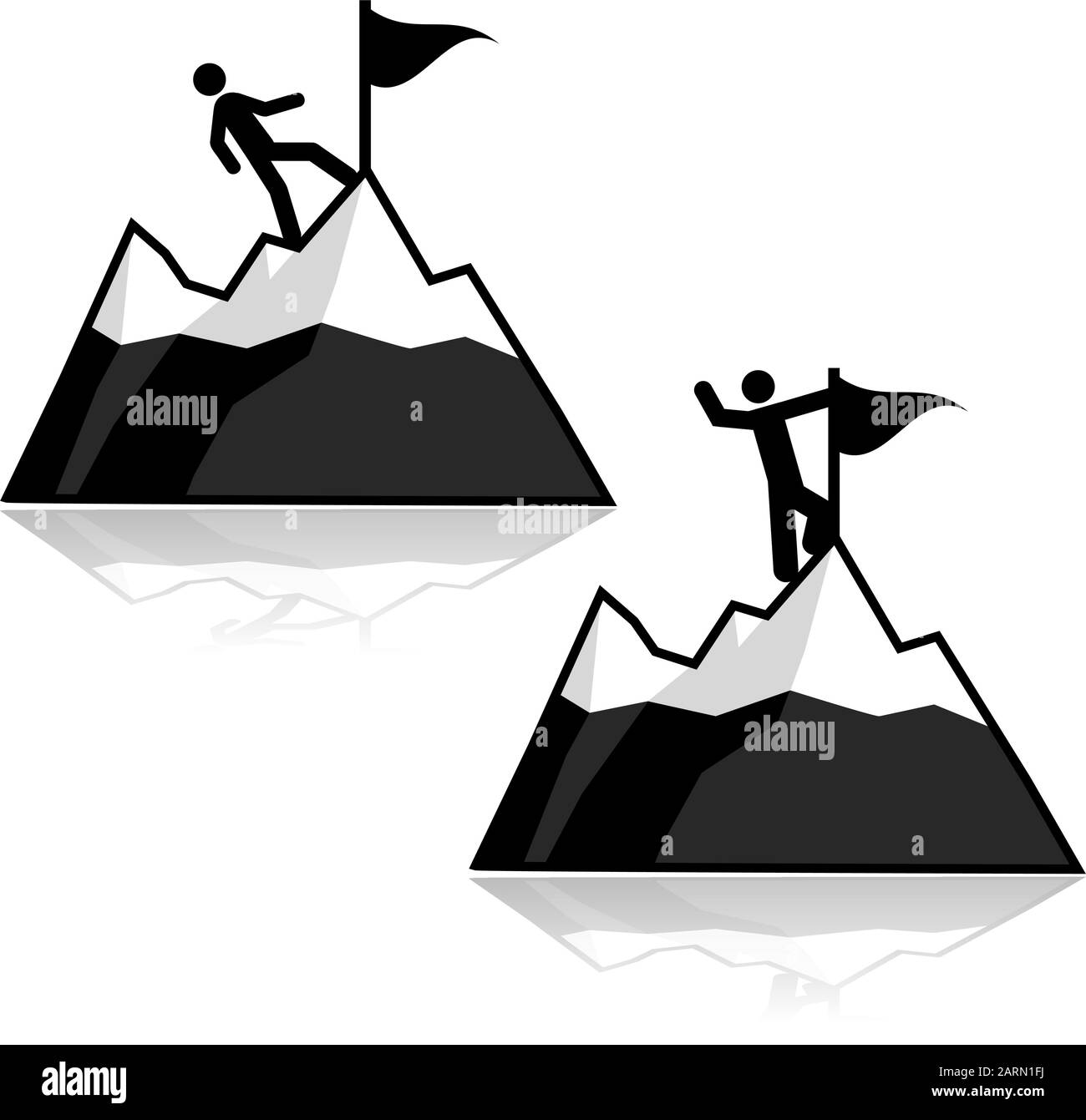 Icon set showing a man climbing a mountain and reaching its summit ...