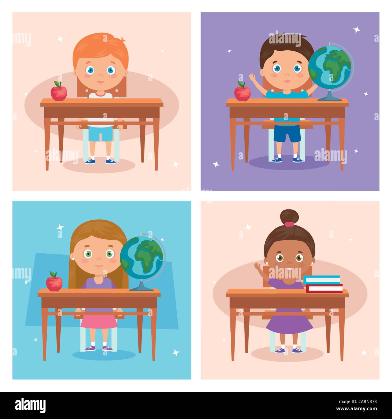 set scenes of little children in wooden desk Stock Vector Image & Art ...