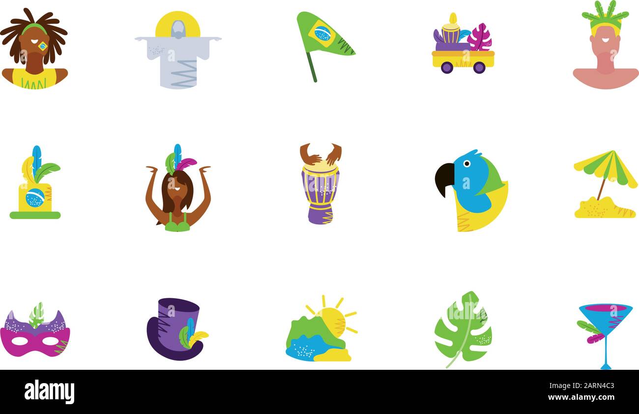 Brazilian carnival icon set design, Culture tourism travel south latin ...