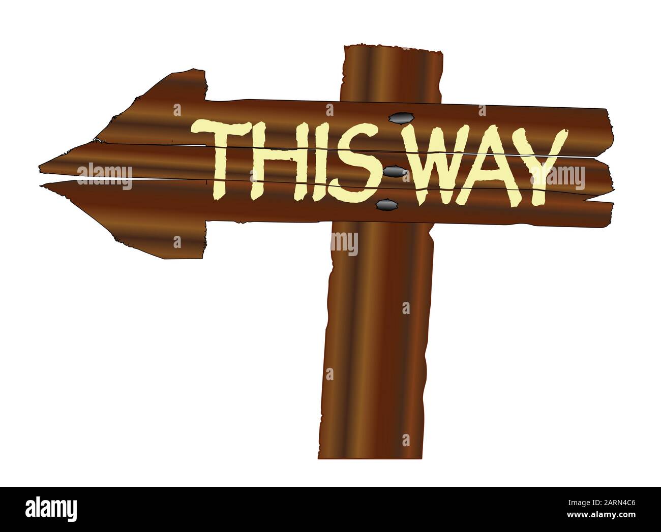 A rough wooden arrow with the words this way isolated over a white ...