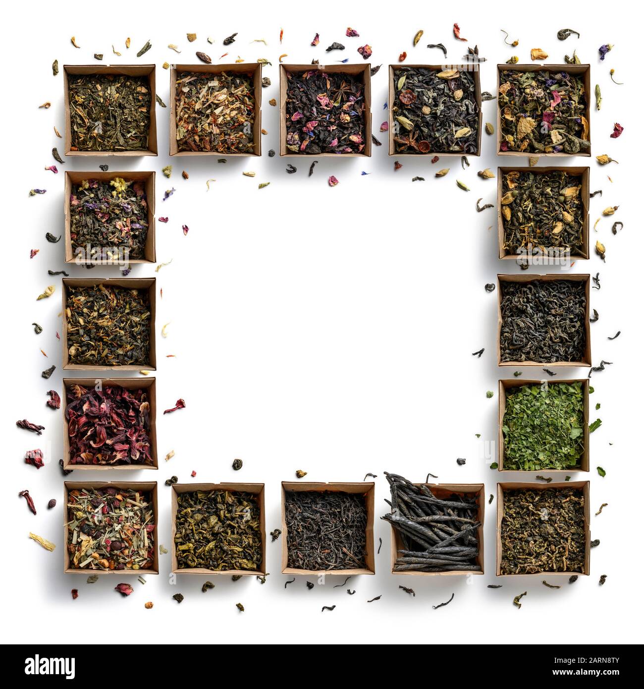 Large assortment of teas in the form of a frame on a white background ...