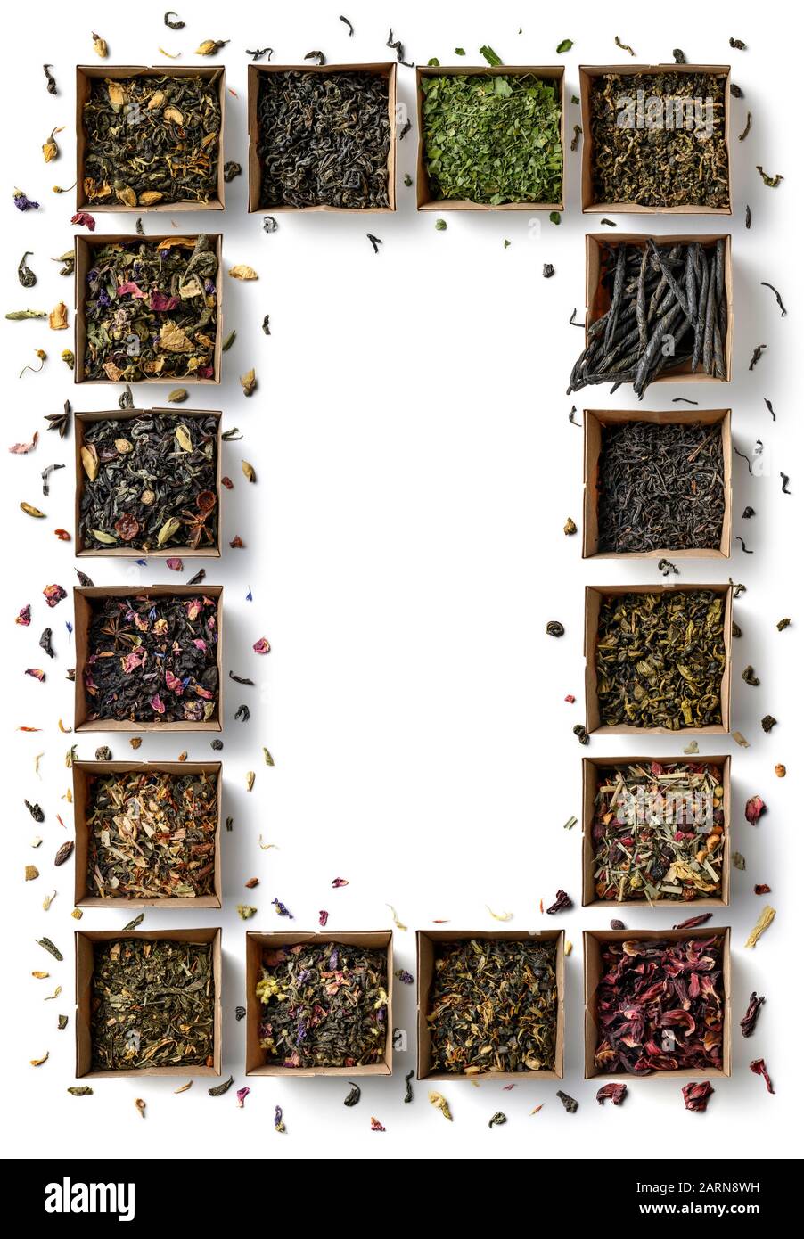 Large assortment of teas in the form of a frame on a white background ...