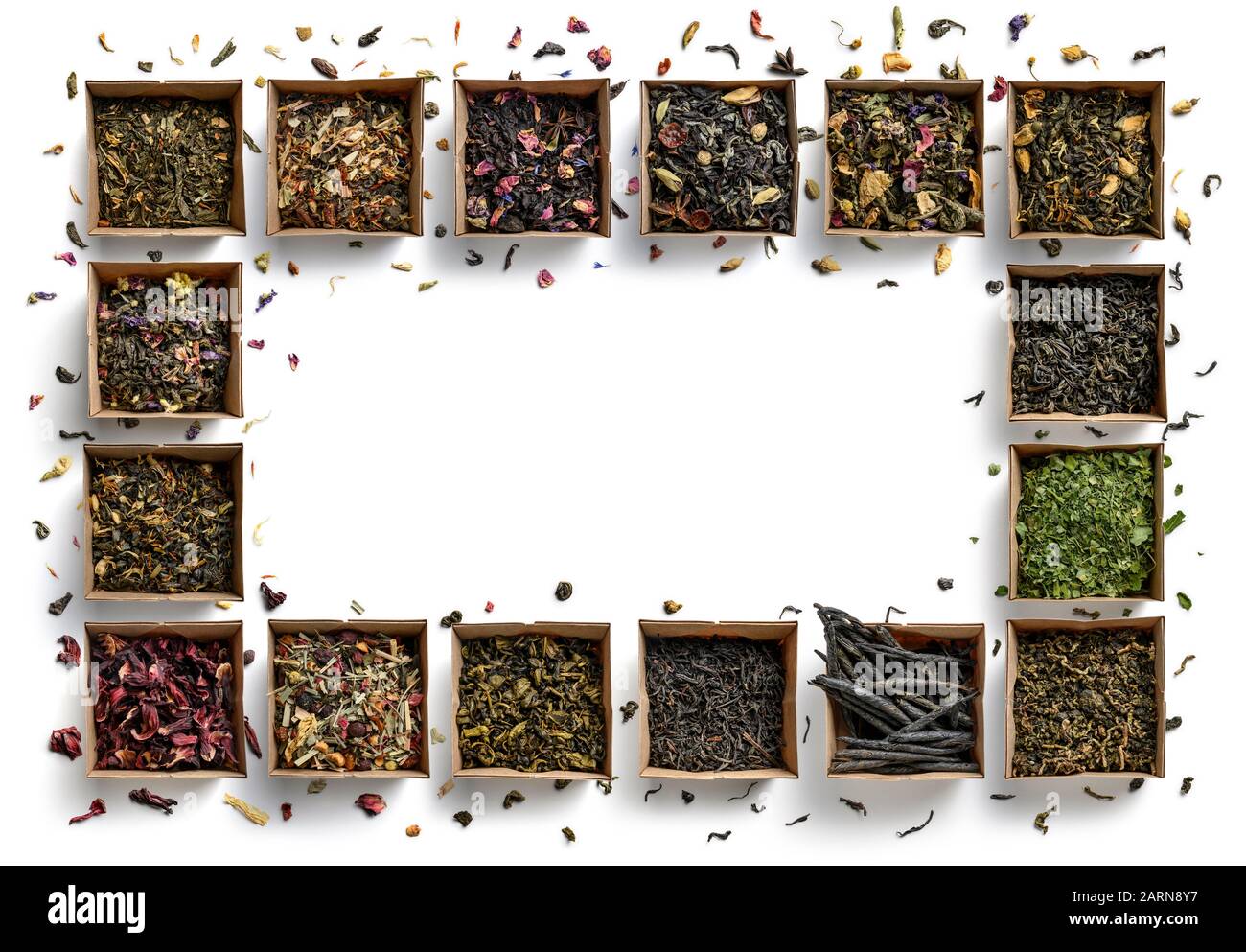 Large assortment of teas in the form of a frame on a white background ...