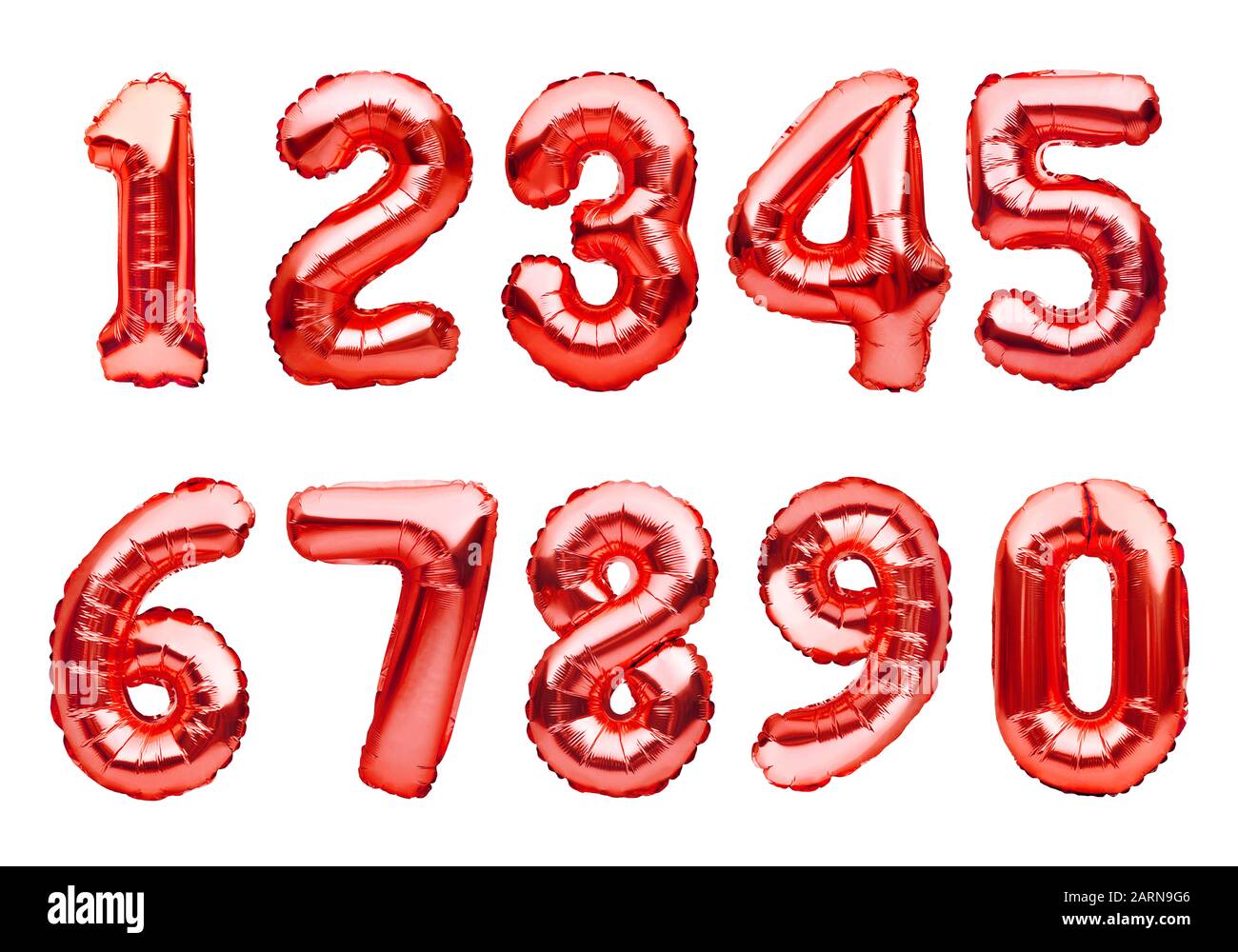 Set with red foil balloons in shape of numbers isolated on white ...