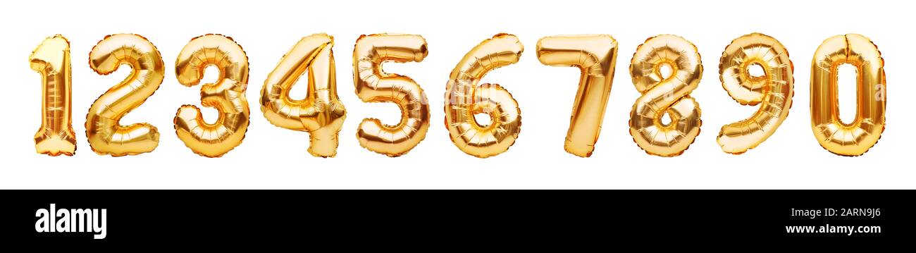 Set with golden foil balloons in shape of numbers isolated on white ...