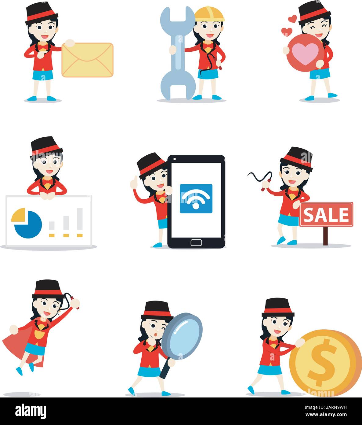 Set of character female woman lion tamer as an acrobat player Stock ...