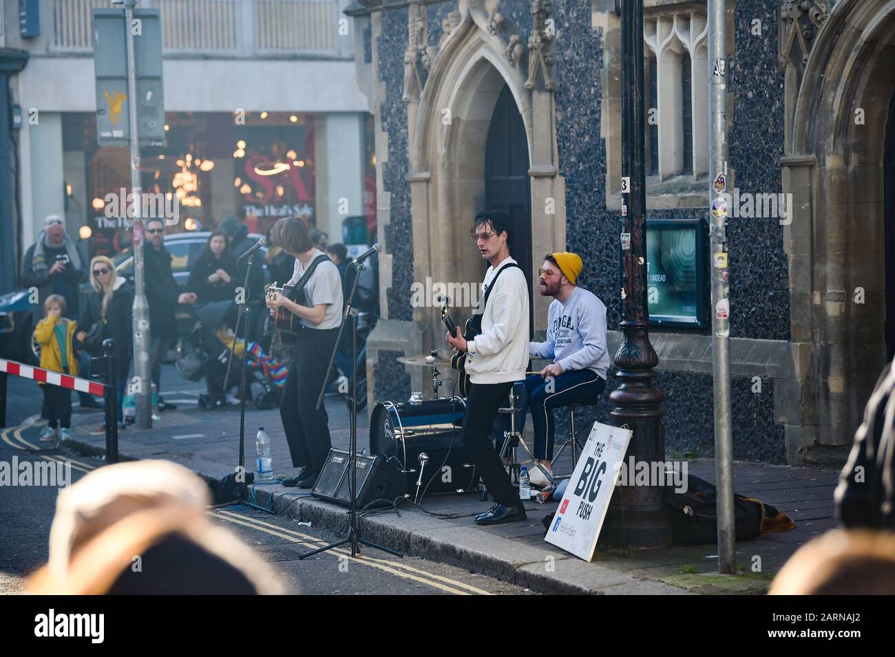The Big Push band performing in Ship Street Brighton in winter sunshine ...