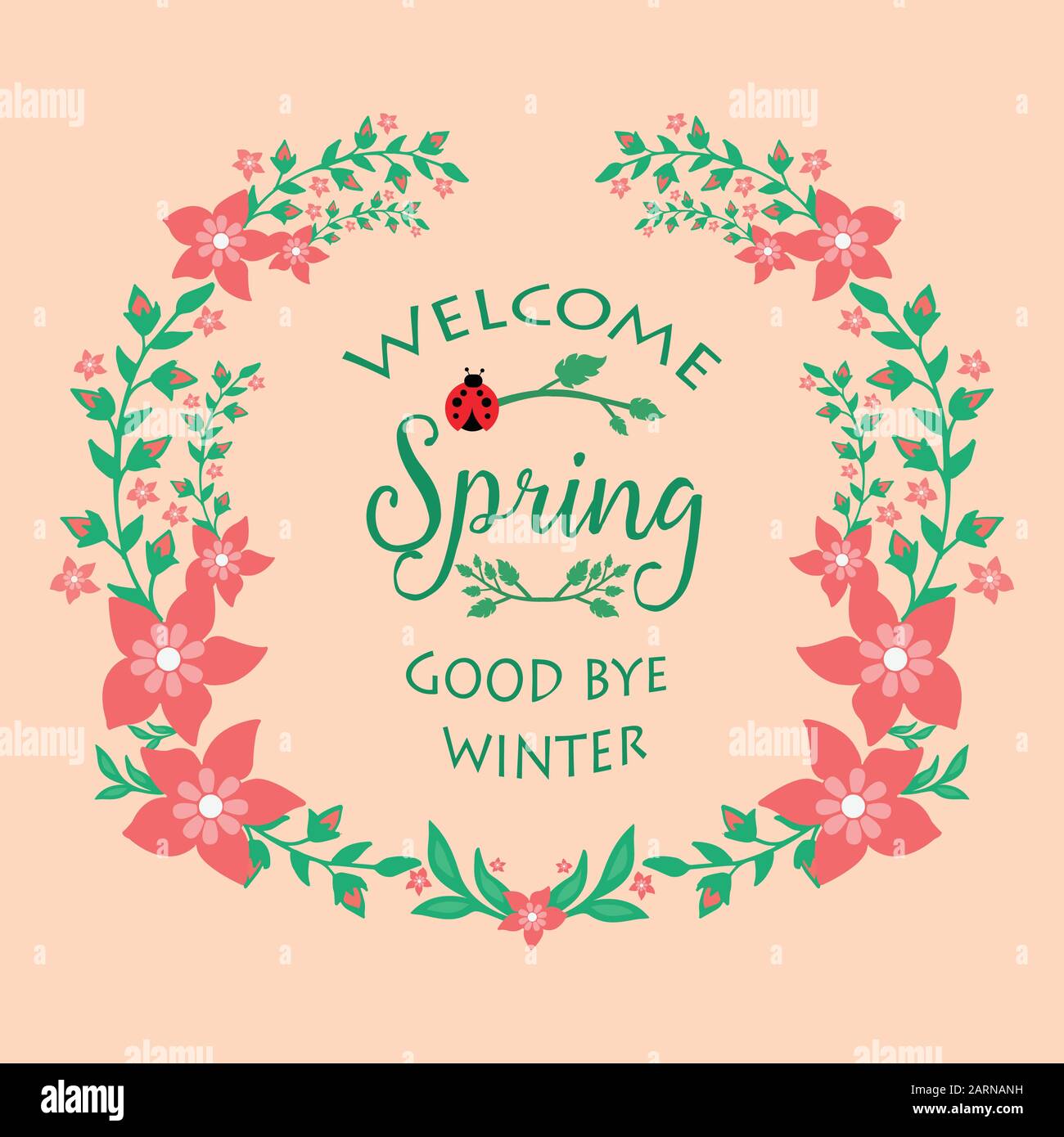 Greeting card welcome spring Design, with ornate simple of leaf and red ...
