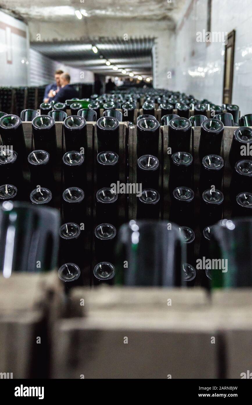Racks with wine bottles during riddling production process in famous ...