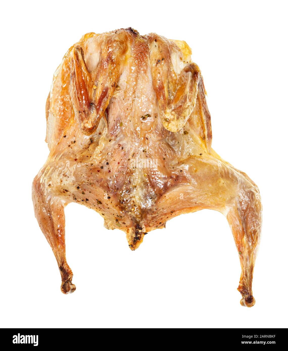 top view of roasted whole flattened quail isolated on white background ...