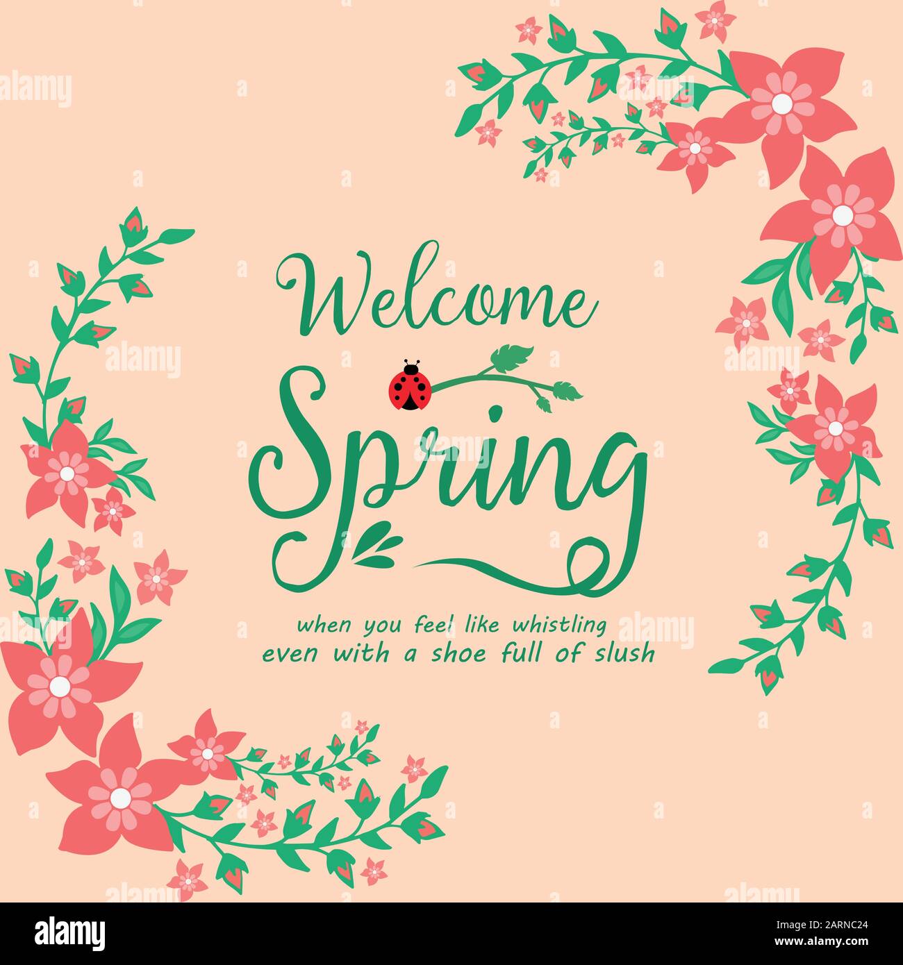 Greeting card welcome spring Design, with ornate simple of leaf and red ...