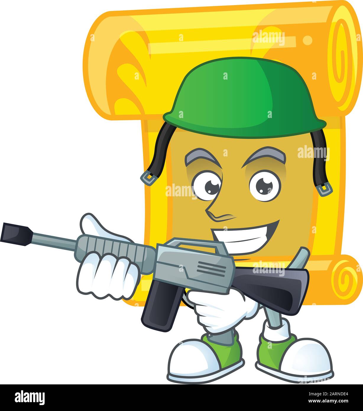 Chinese gold scroll carton character in an Army uniform with machine ...