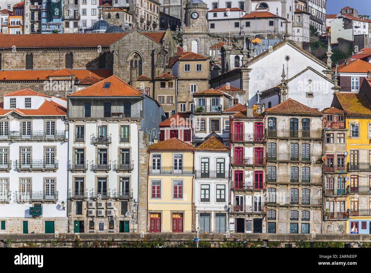 Row of buildings on the Douro riverfront in Porto city, Portugal. View ...