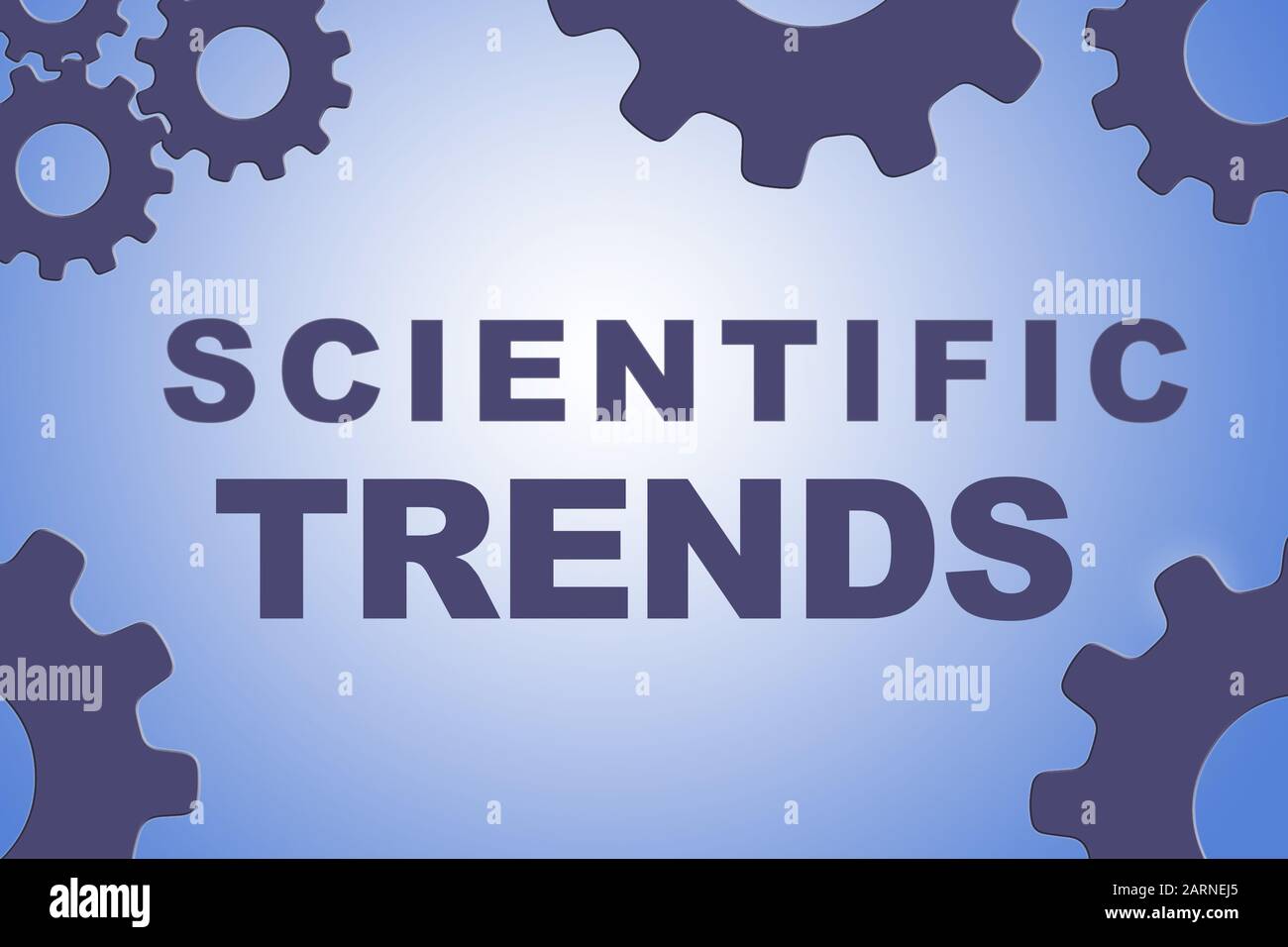 SCIENTIFIC TRENDS sign concept illustration with blue gear wheel ...