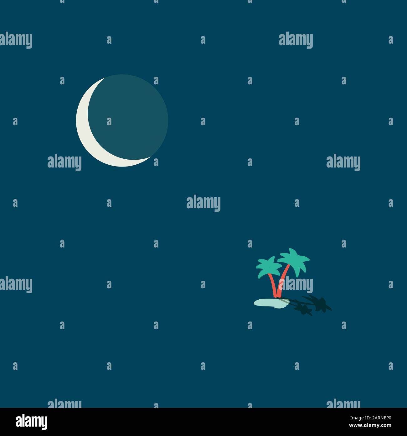 Night desert oasis lake with two palms in middle of sands and big cold ...