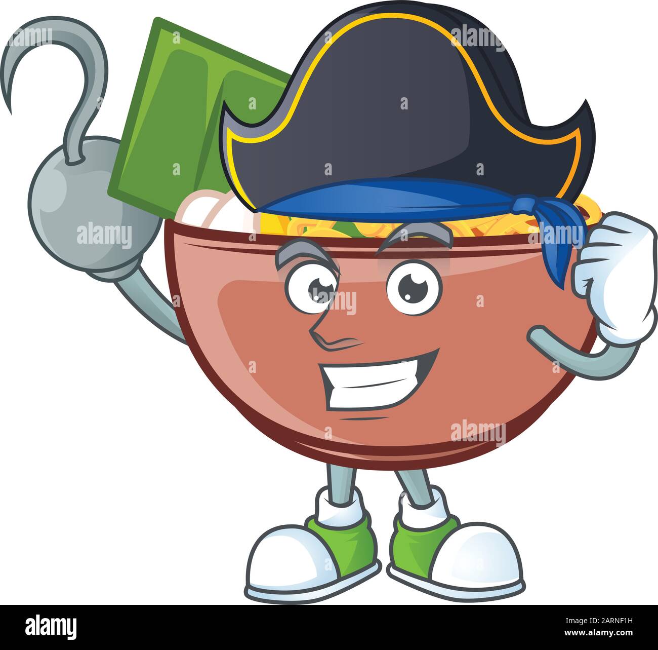 Cool one hand Pirate bowl of noodle cartoon character wearing hat Stock ...