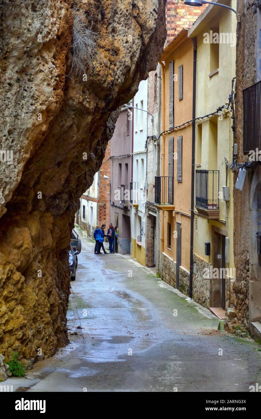 Rocky cliffs inside the town of Margalef in winter, Lleida, Catalunya ...