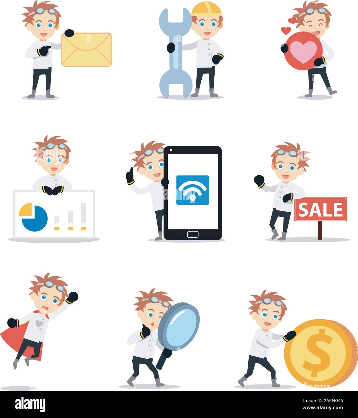 Set of character male mad scientist with his weird and eccentric haired ...