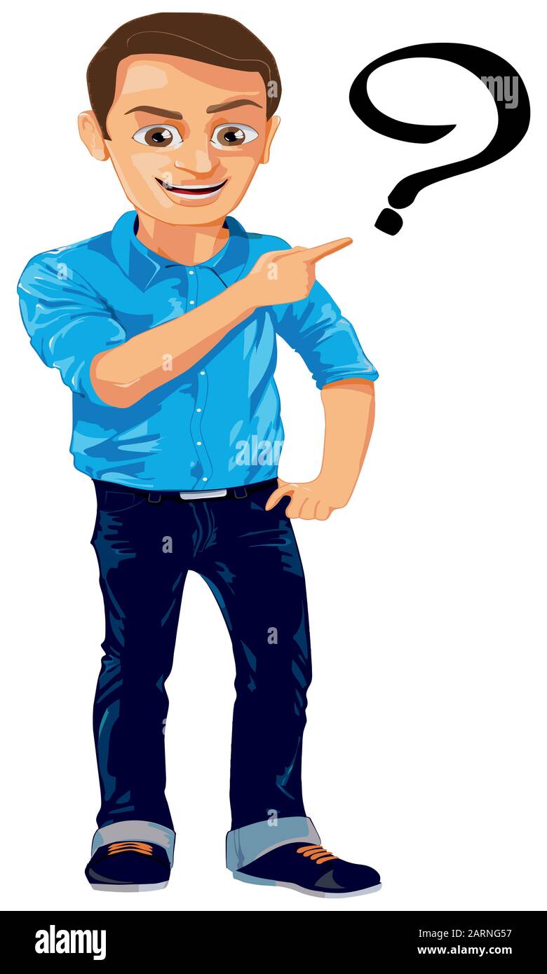 a man pointing towards a question mark Stock Photo - Alamy