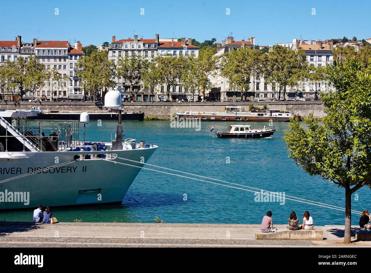 Rhone River scene, water, boats, old buildings, people, cityscape ...