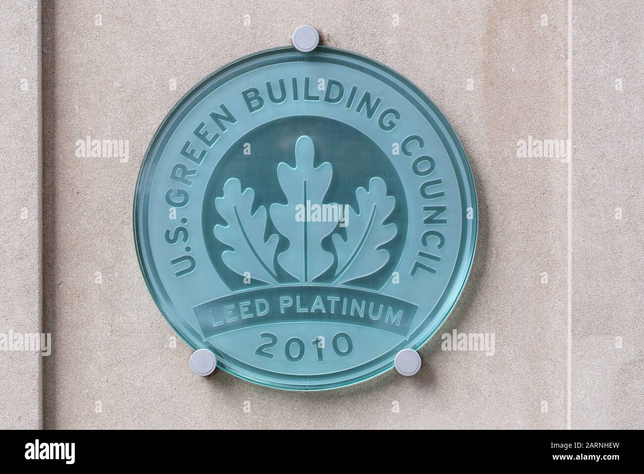 A US Green Building Council LEED Platinum plaque indicating a building ...