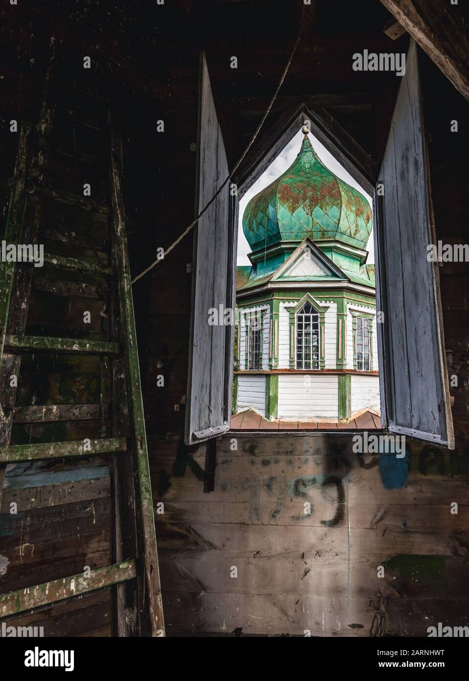 Inside the bell tower of Orthodox church of Saint Michael in Krasne ...