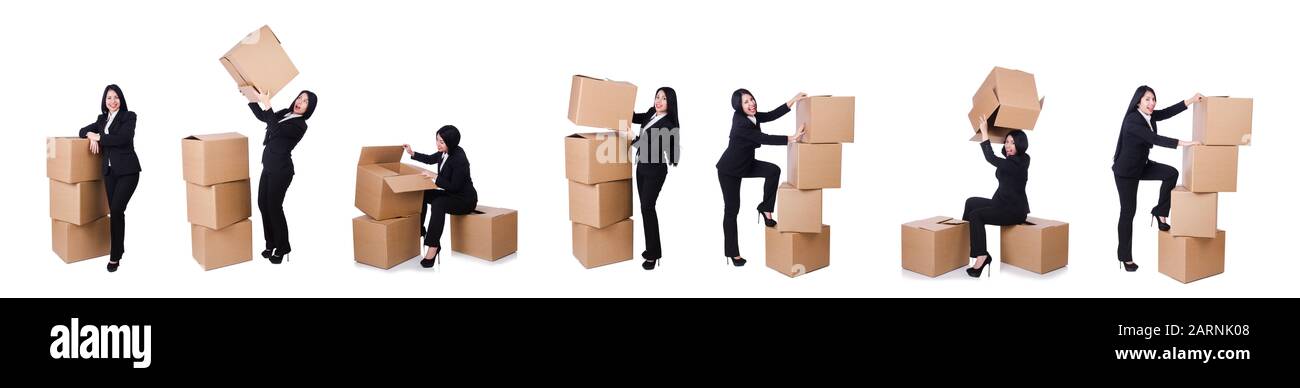 The woman with lots of boxes on white Stock Photo - Alamy