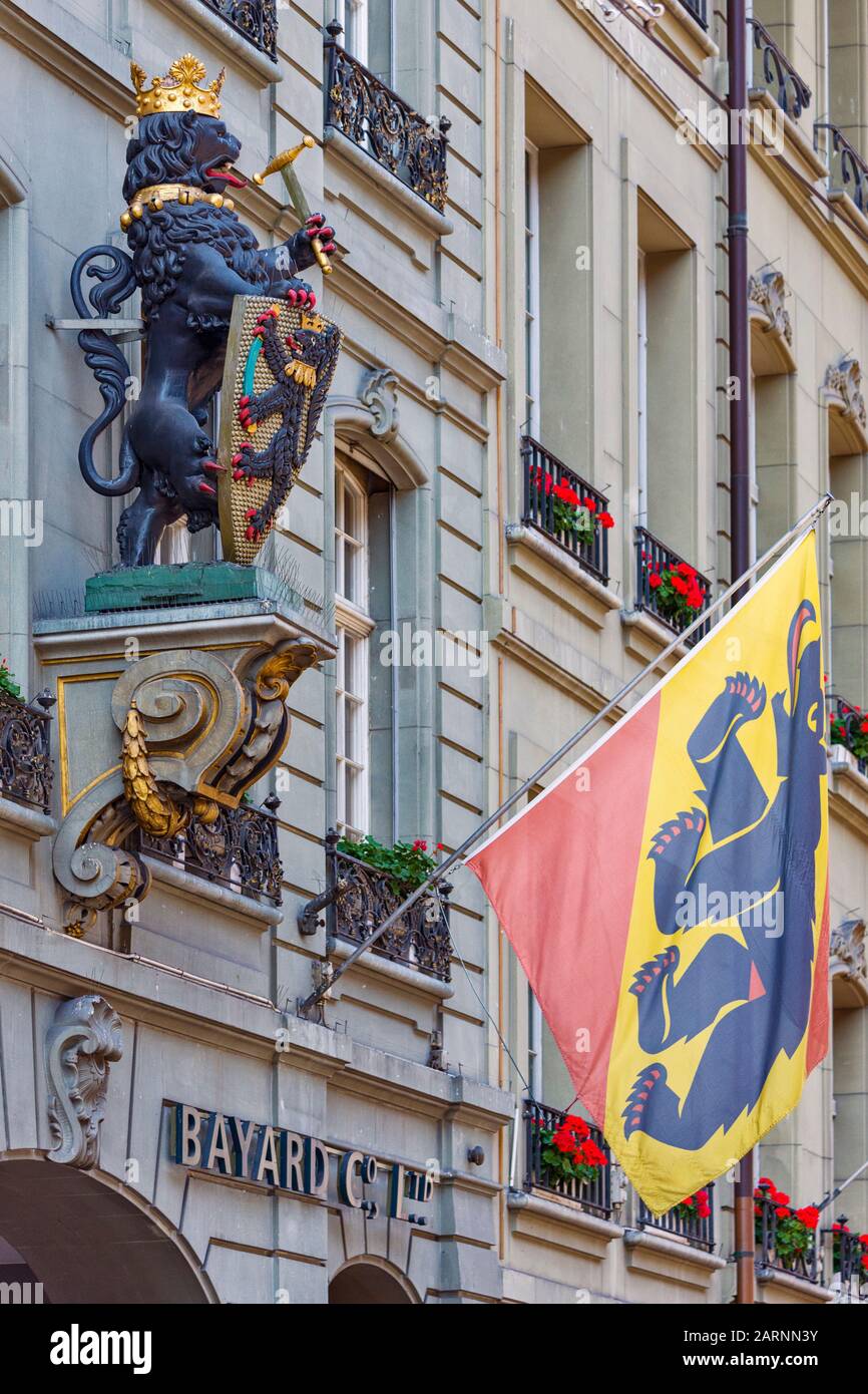figure of a lion crowned on a wall in the old town of Bern, Switzerland ...