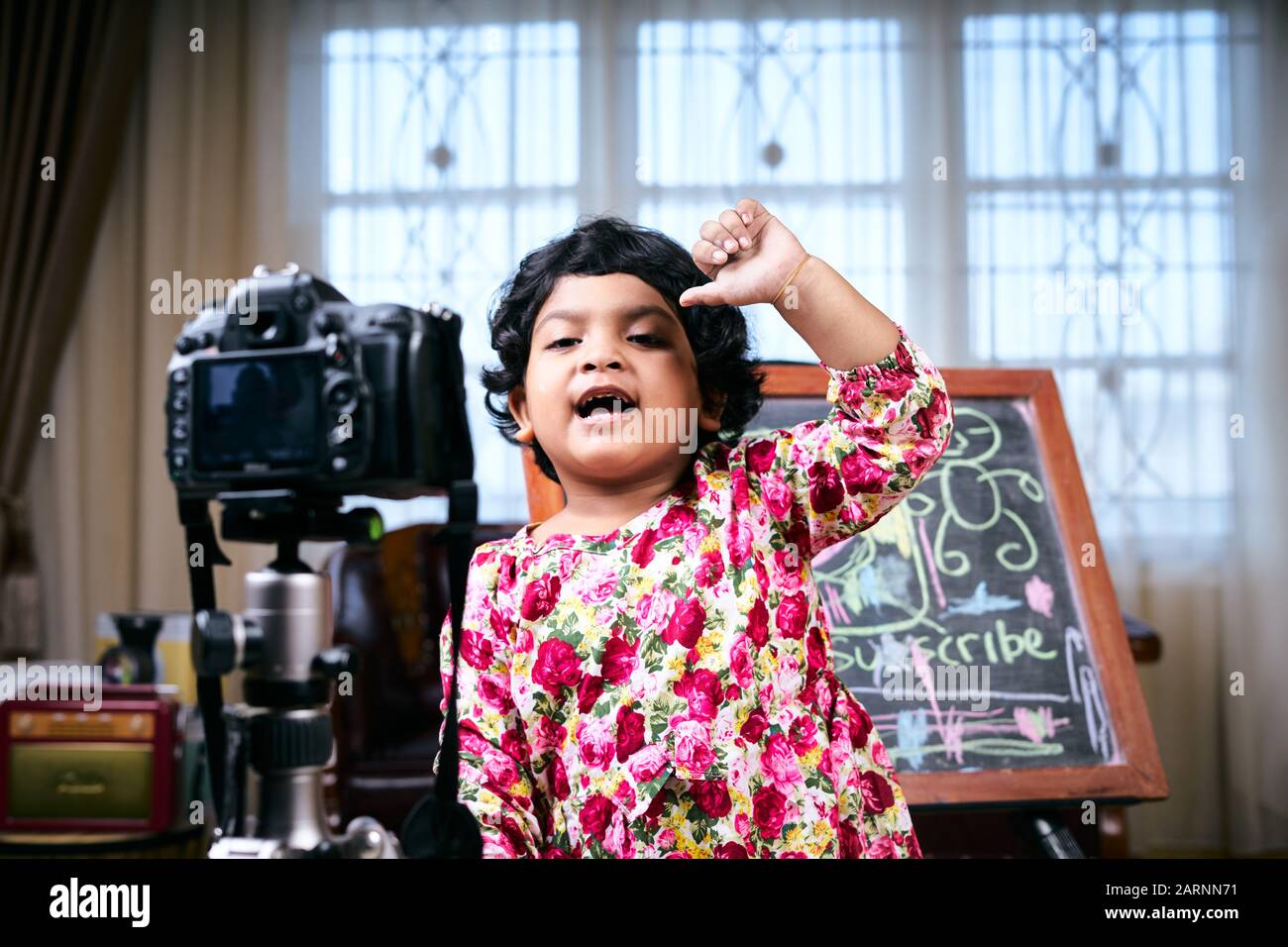 Cute Little Girl Making Video Content, Vlogging Stock Photo - Alamy