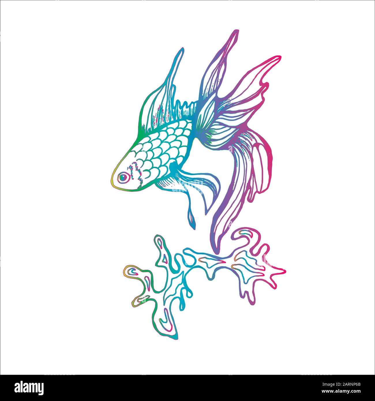 Color illustration in the form of a cockerel and sea wave fish Stock ...