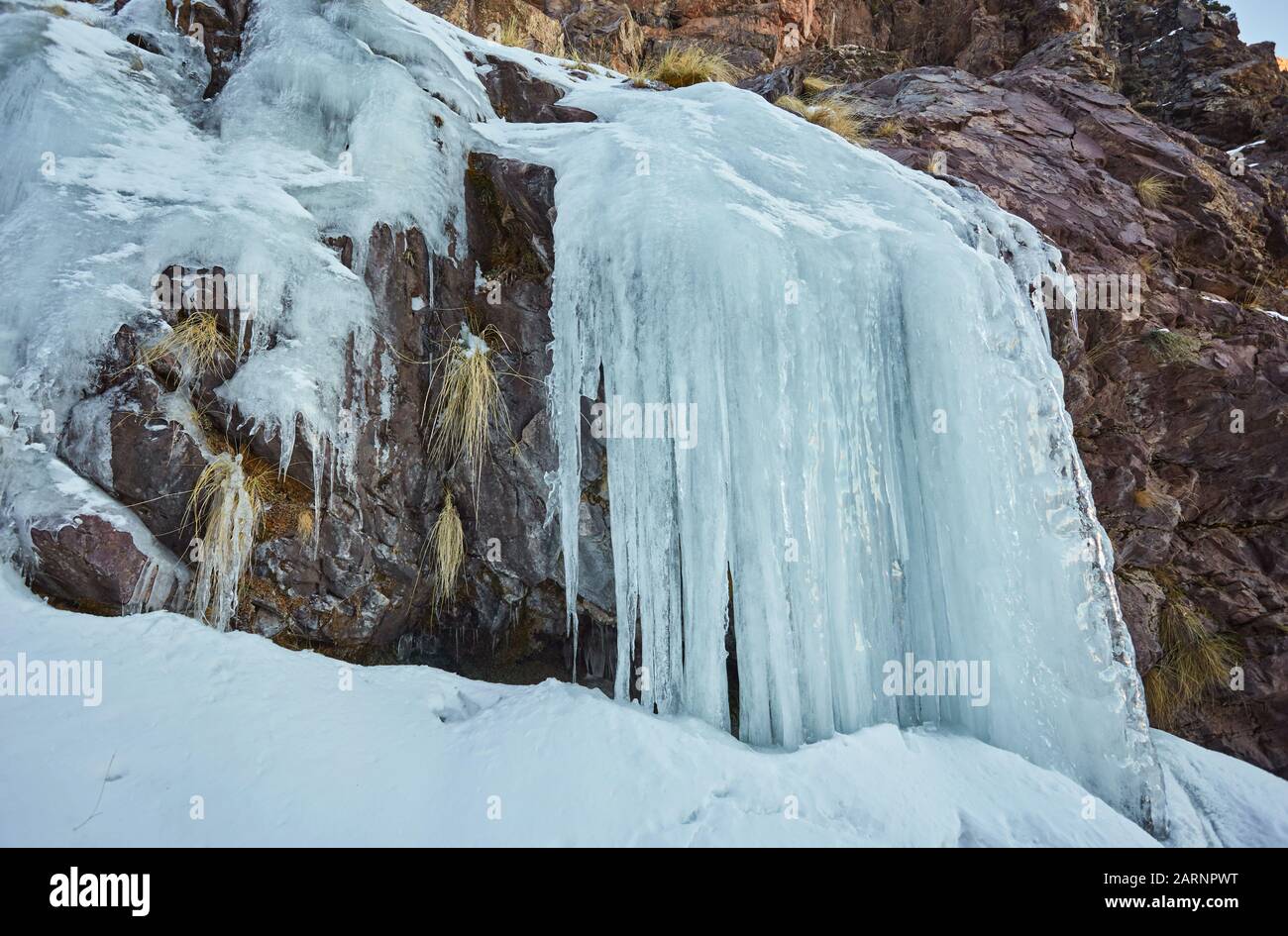 Frozen Waterfall near Jebel Toubkal peak, Atlas mountains, Morocco ...