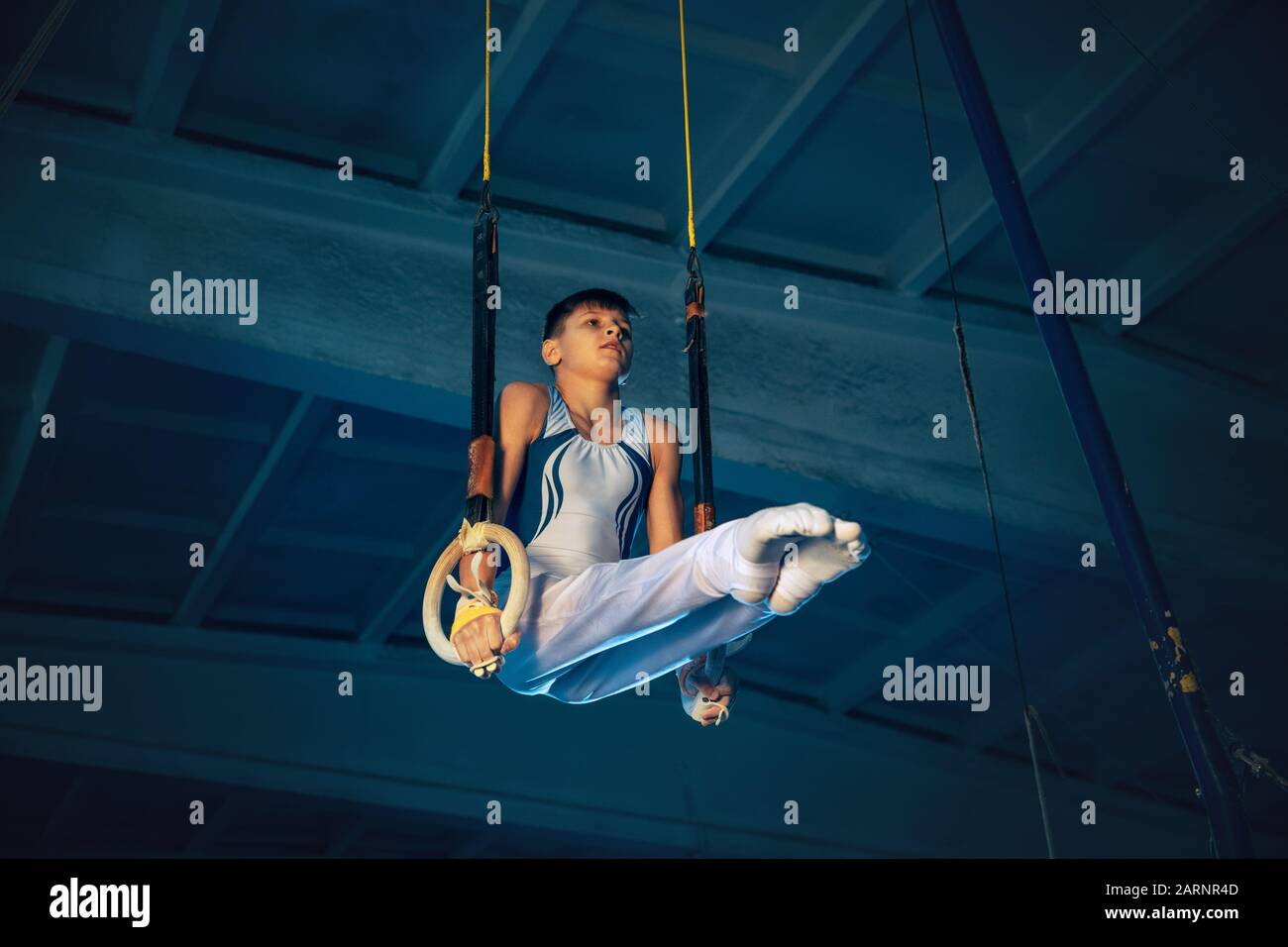 Little male gymnast training in gym, flexible and active. Caucasian fit ...