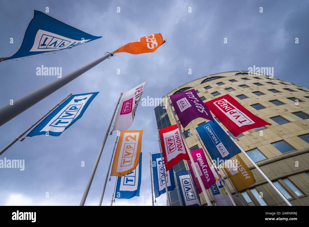 Flags in front of main headquarters of Polish Television (Telewizja ...