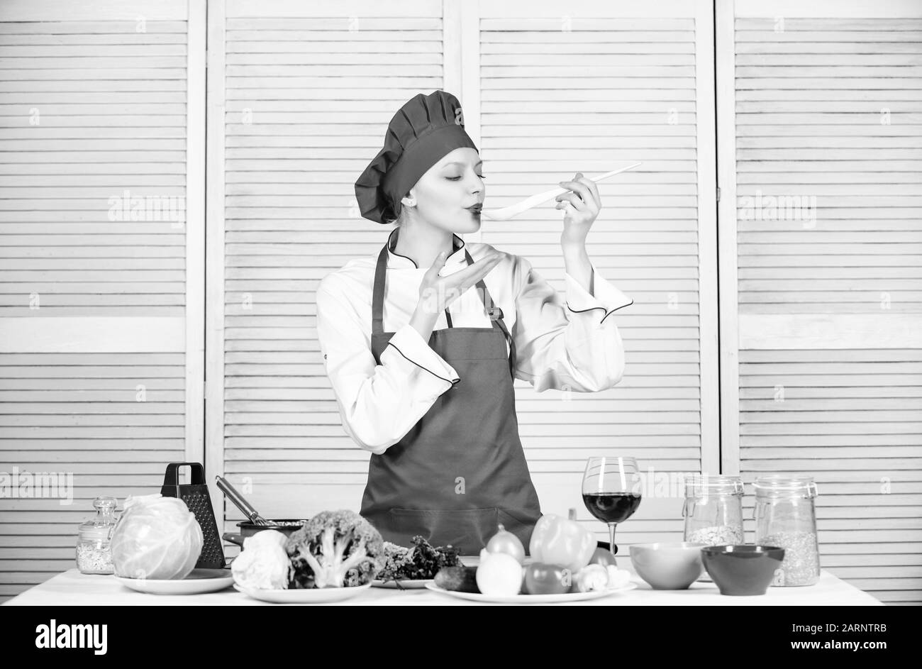 organic eating and vegetarian. Housewife. professional chef in kitchen ...