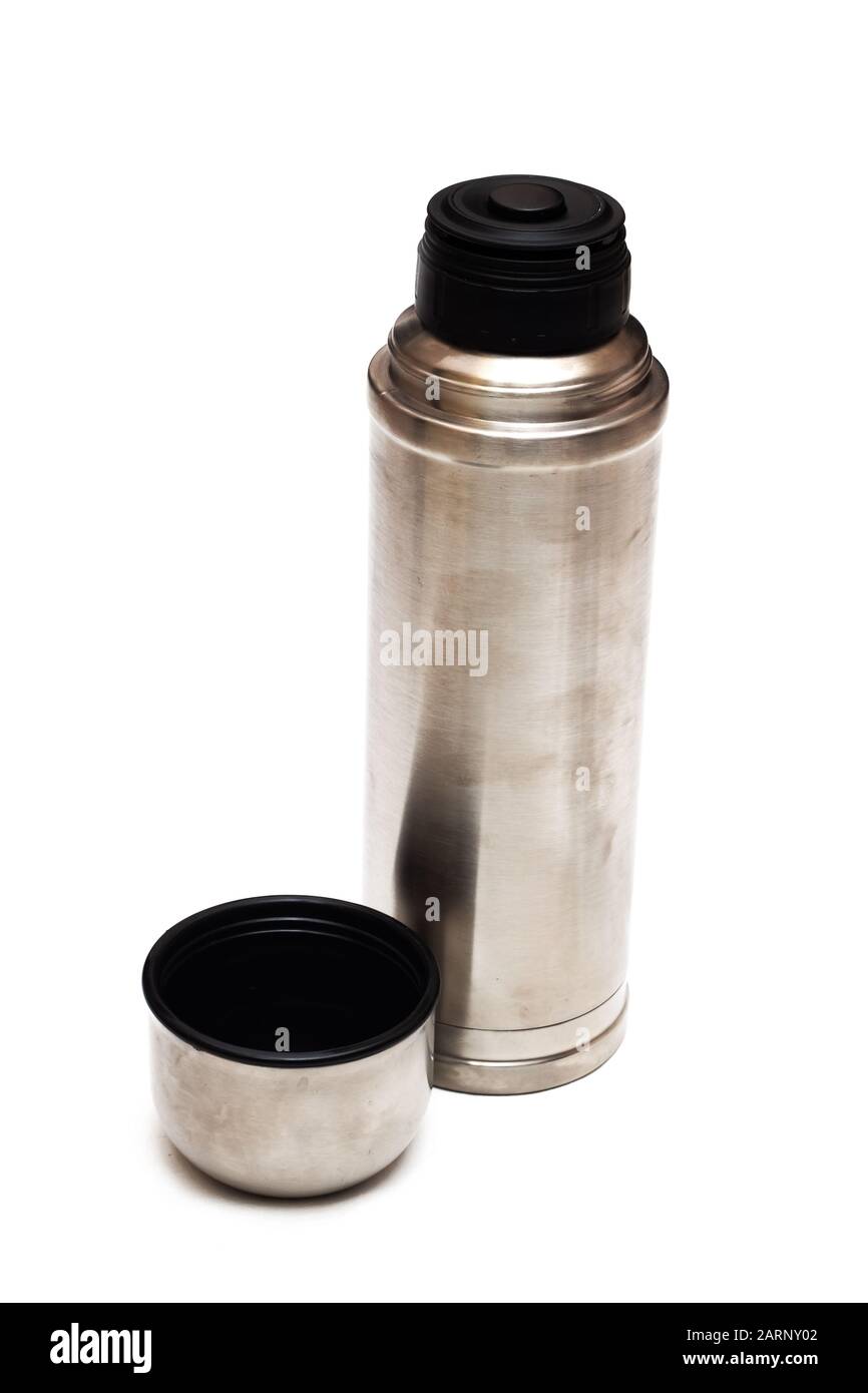 Metal thermos close up, isolate on a white background Stock Photo - Alamy