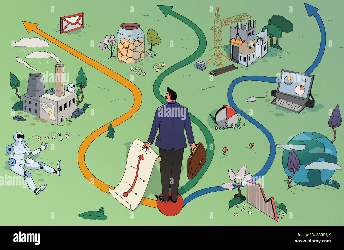 Businessman with choice of paths through business landscape Stock Photo ...