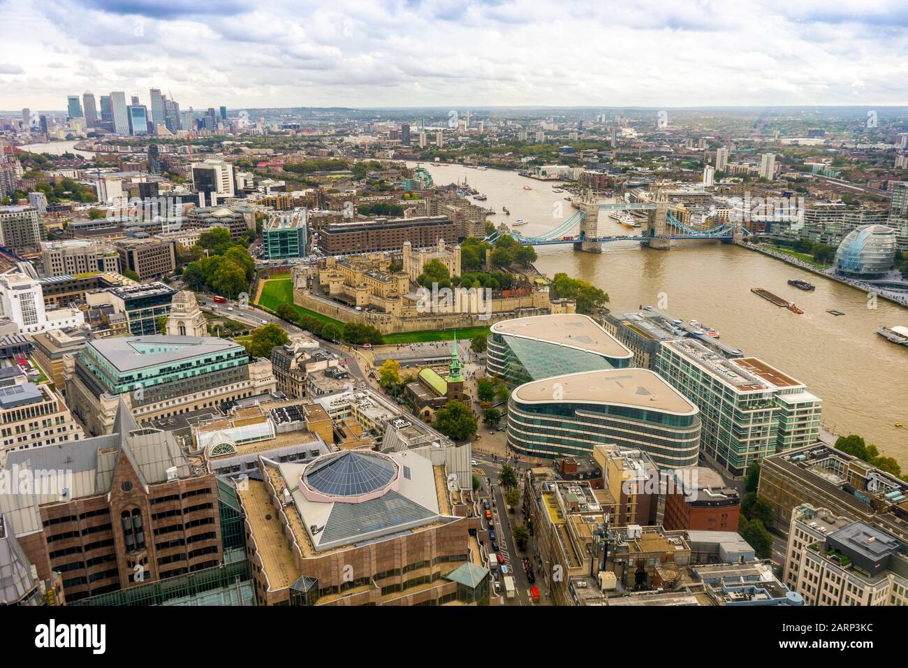 Aerial view of London with London Bridge upon Thames river, United ...