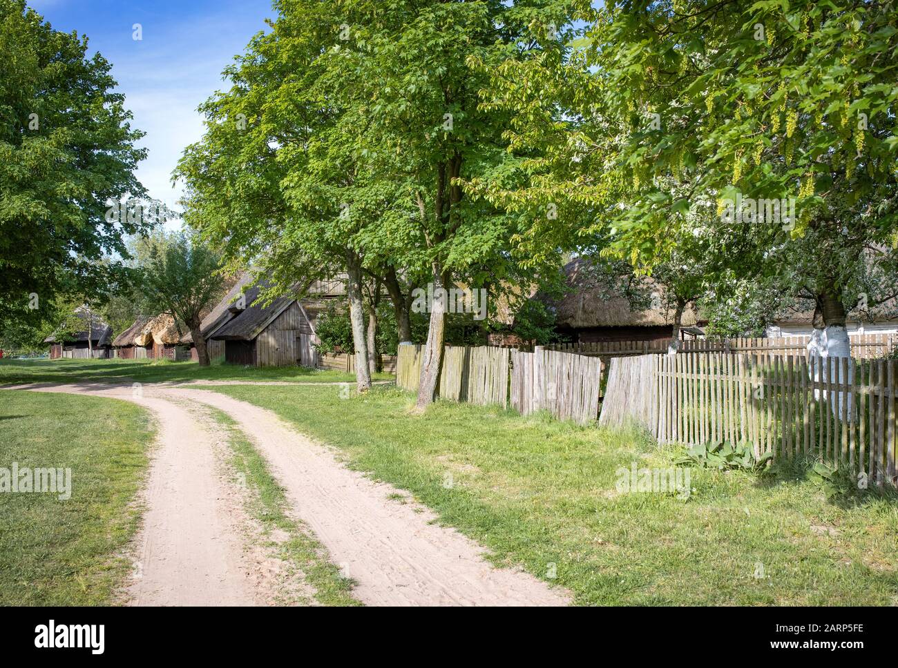 A country road in an old traditional polish village with thatched ...