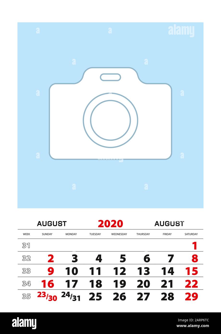 August 2020 calendar planner A3 size with place for your photo. Vector ...