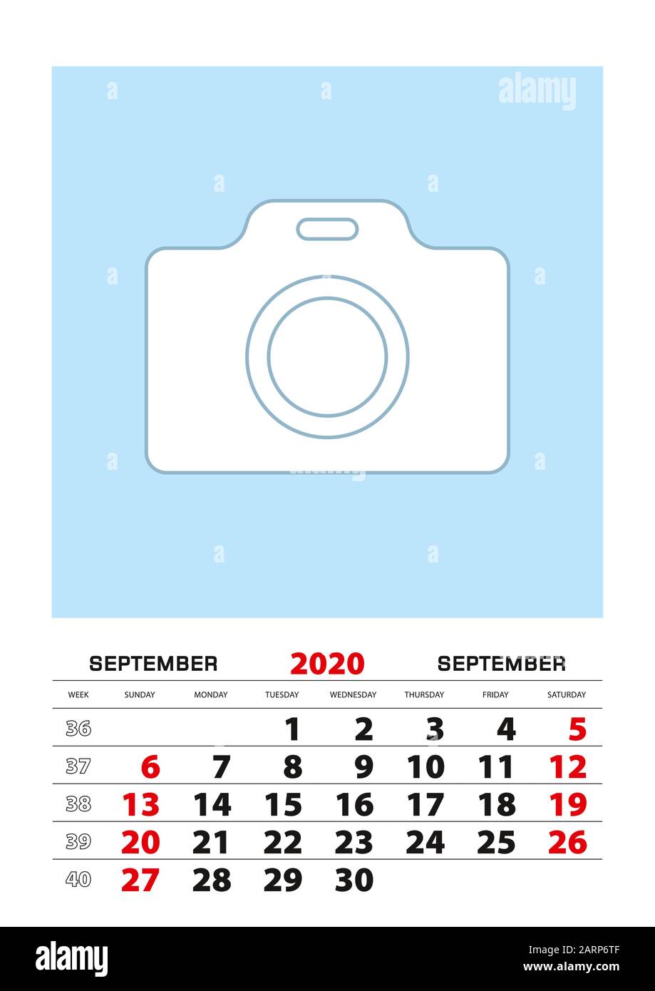 September 2020 calendar planner A3 size with place for your photo ...