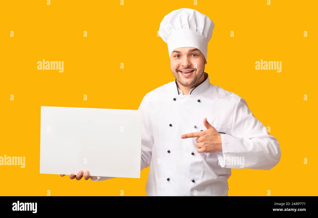Chef Man Showing Empty White Board Standing Over Yellow Background ...